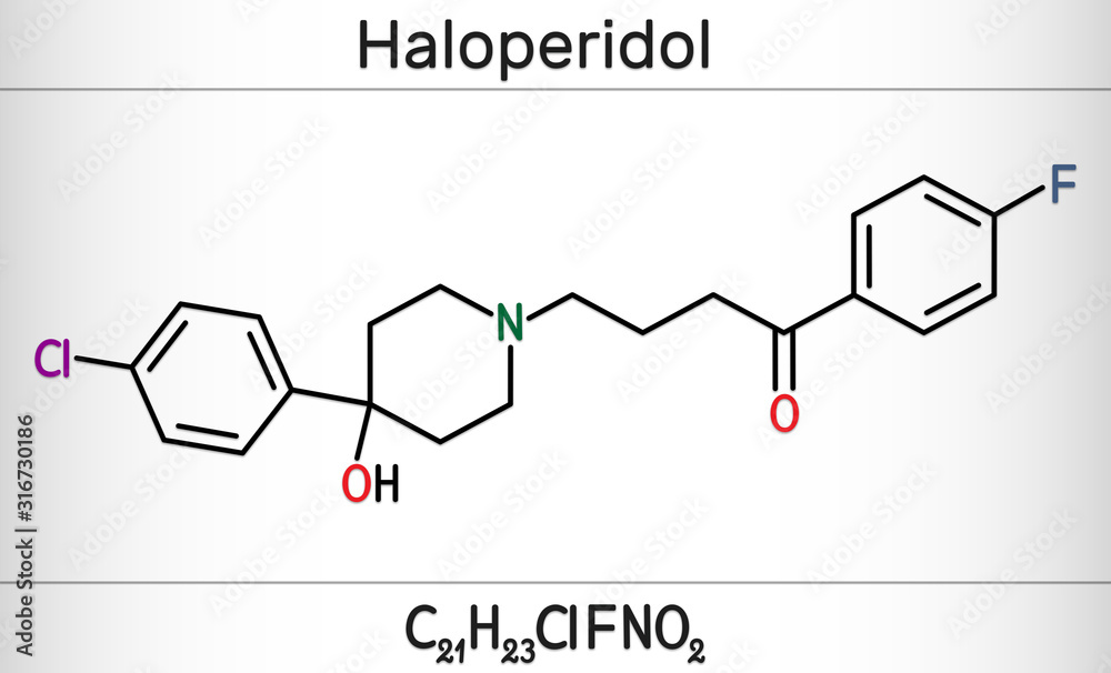 Haloperidol molecule, is antipsychotic medication. Skeletal chemical ...