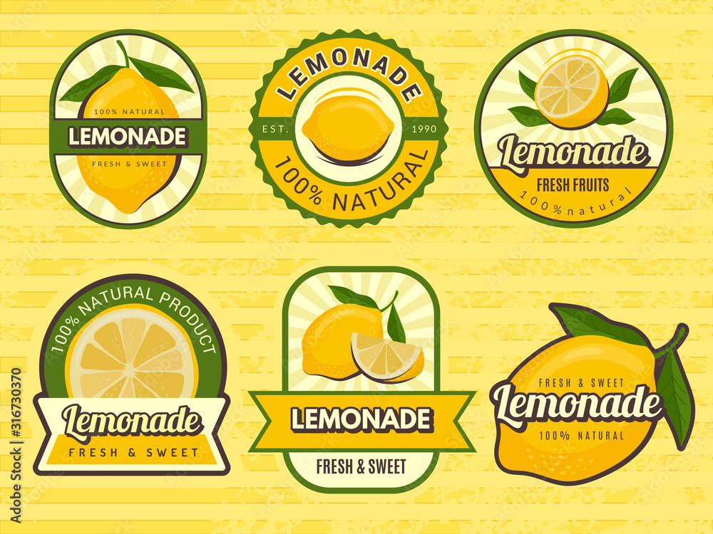 Lemonade badges. Retro labels with lemon illustrations vector design ...