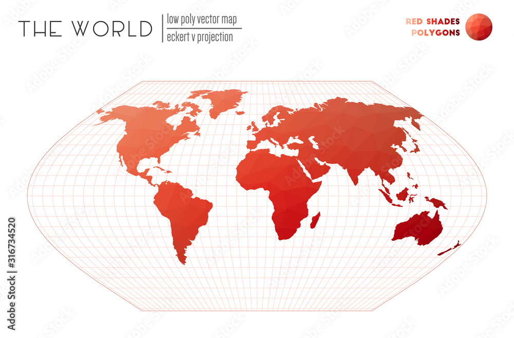 World map with vibrant triangles. Eckert V projection of the world. Red ...