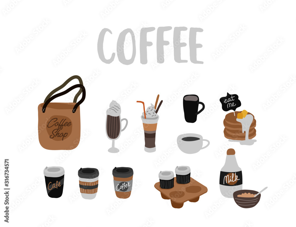 Coffee shop hand drawn collection . Cartoon constructor set. Small ...