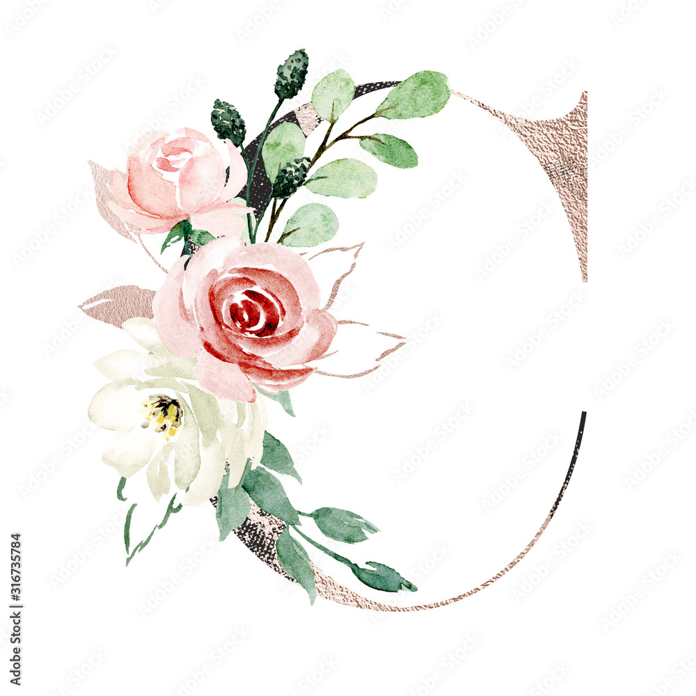Letter c, gold & black alphabet letterhead with watercolor flowers ...
