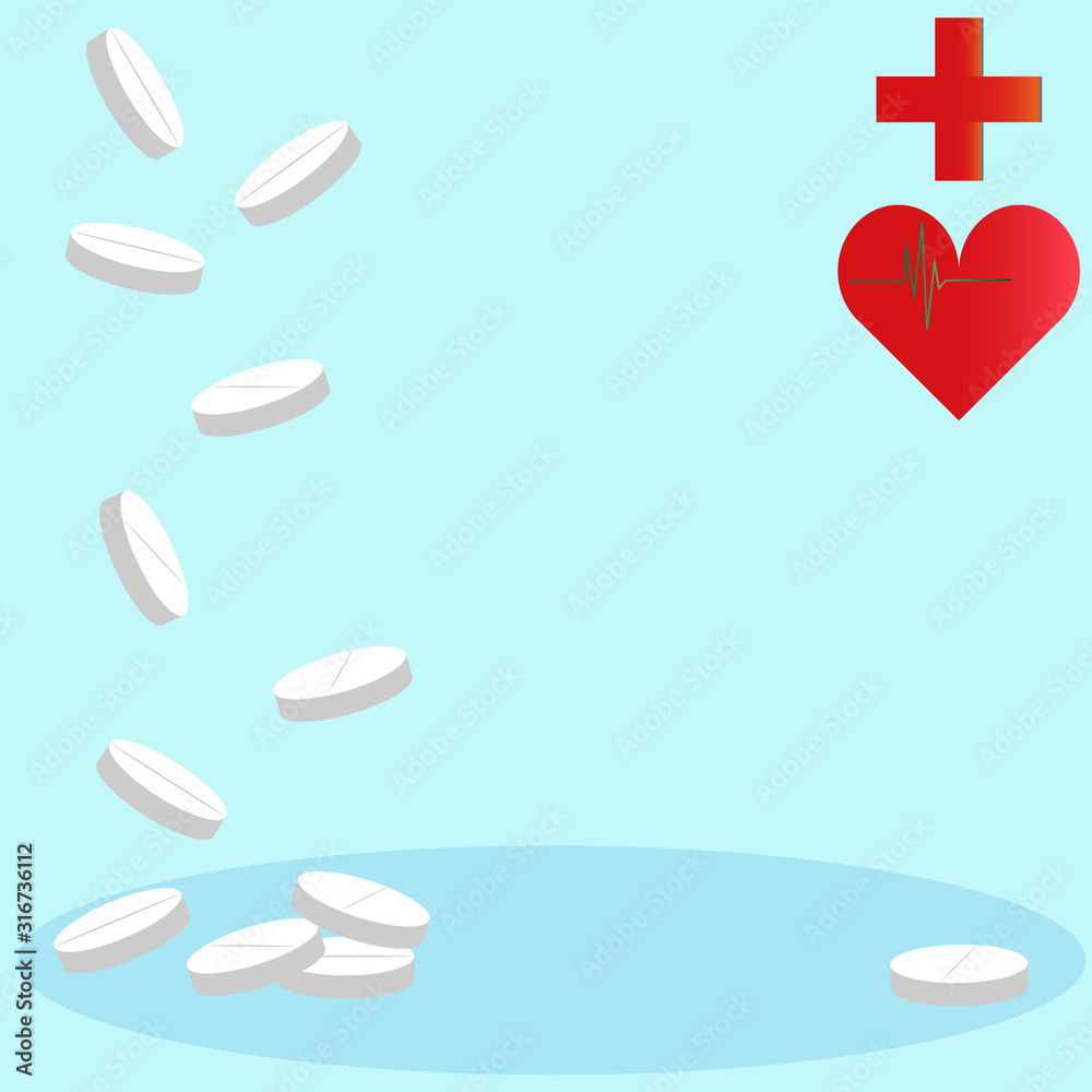 Pills, medical red cross, heart with a cardiogram. Set of ...