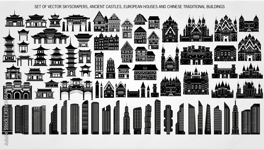 Vector set of modern skyscrapers, ancient castles and fortress ...
