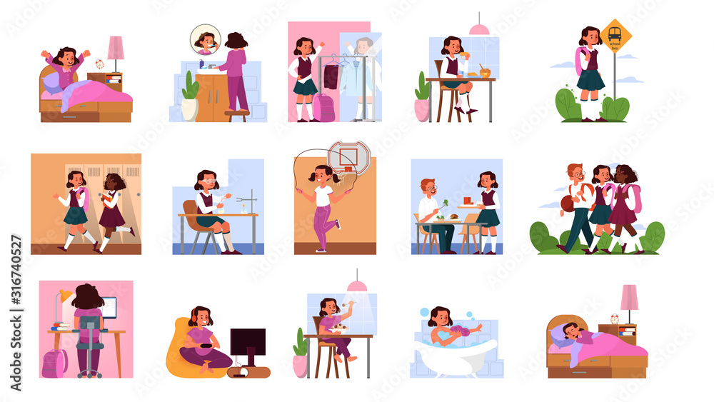 Daily routine of a little girl set. Waking up, having breakfast Stock ...