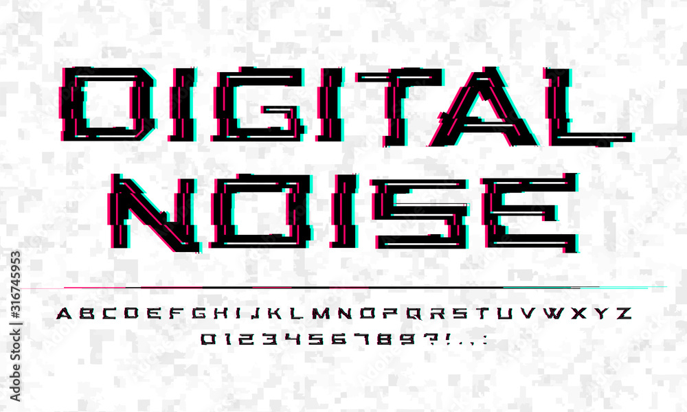 Digital noise glitch font. Tv technology, video distortion, broken old ...