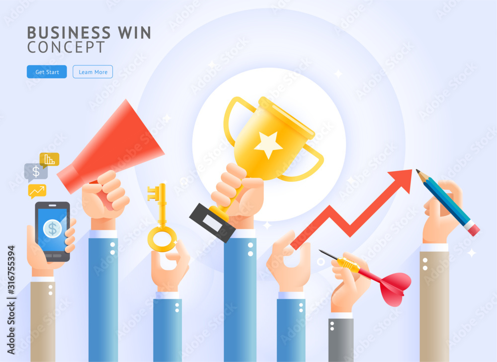 Business win conceptual. Group of Business hands holding a trophy ...