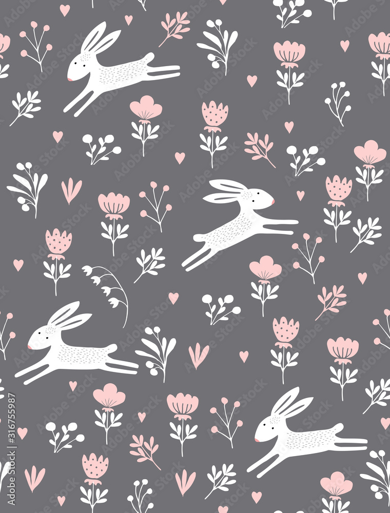 Lovely Seamless Vector Pattern with Cute White Bunnies Running in an ...