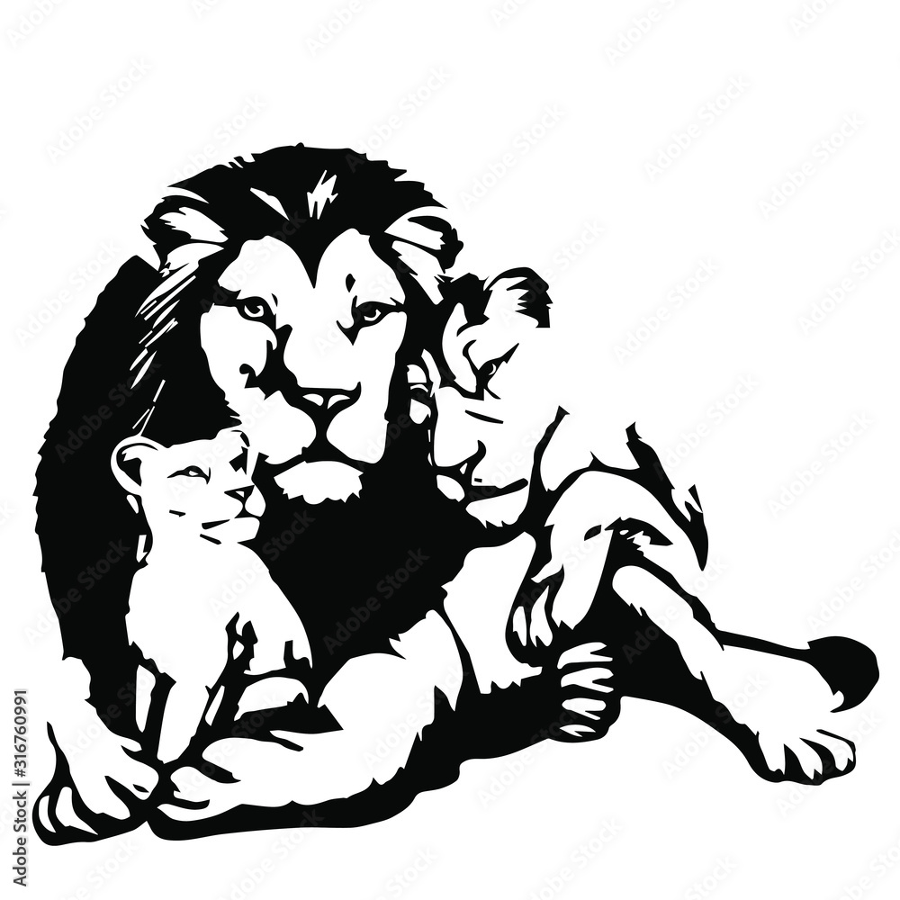 Mom & baby animals wild lion. Vector illustration on a transparent ...