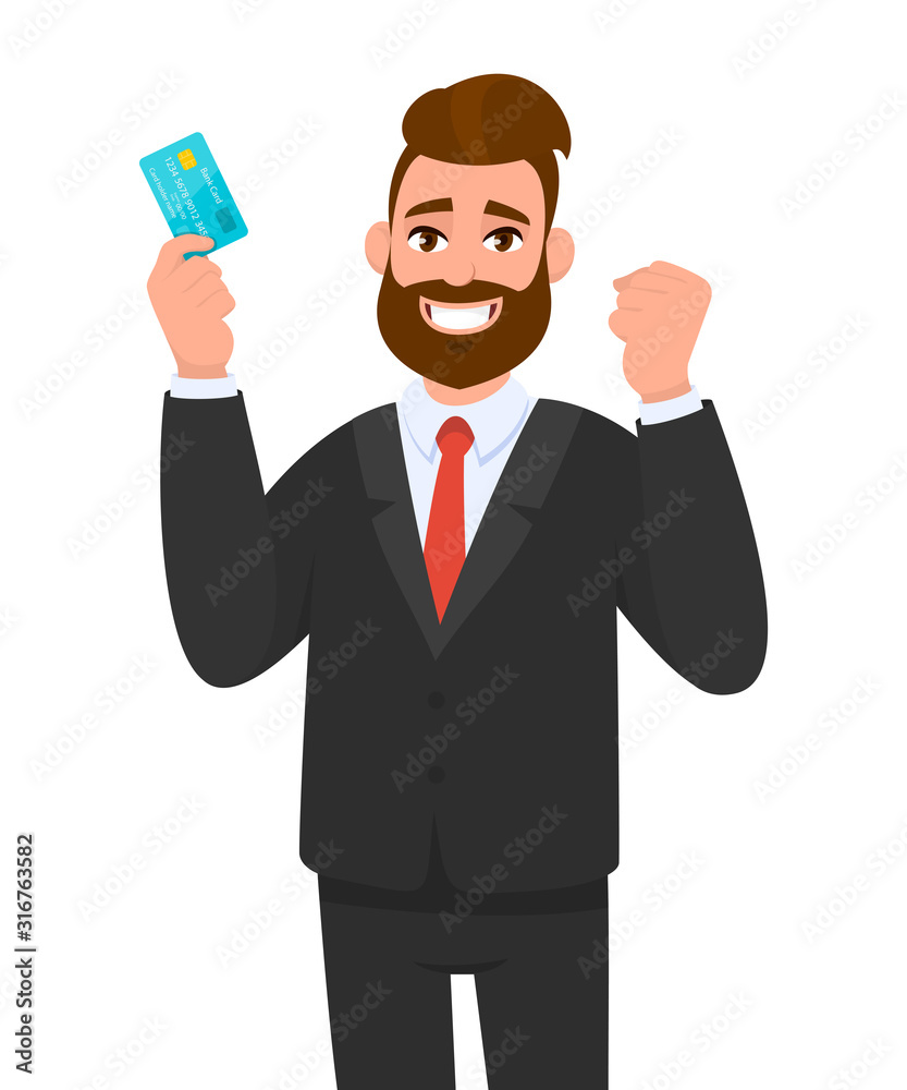 Happy young businessman showing credit, debit, ATM card. Man making ...