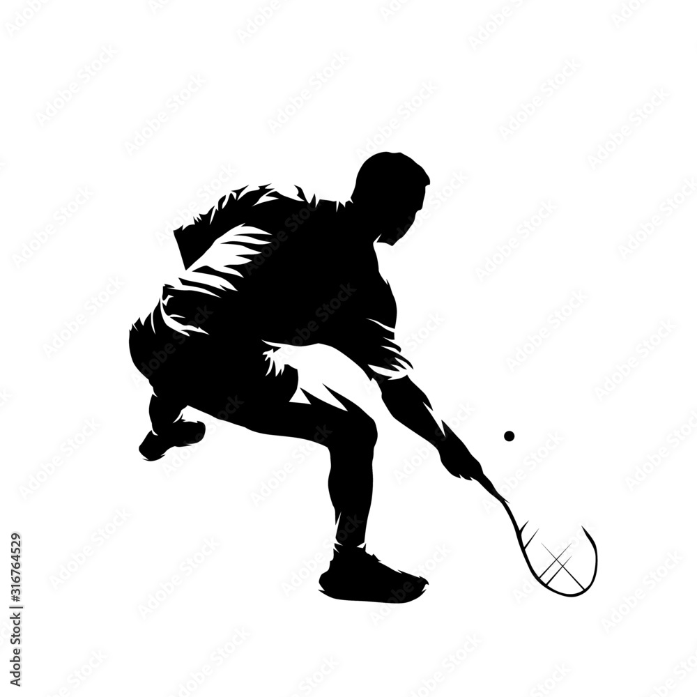 Squash player, isolated vector silhouette. Ink drawing athlete with ...