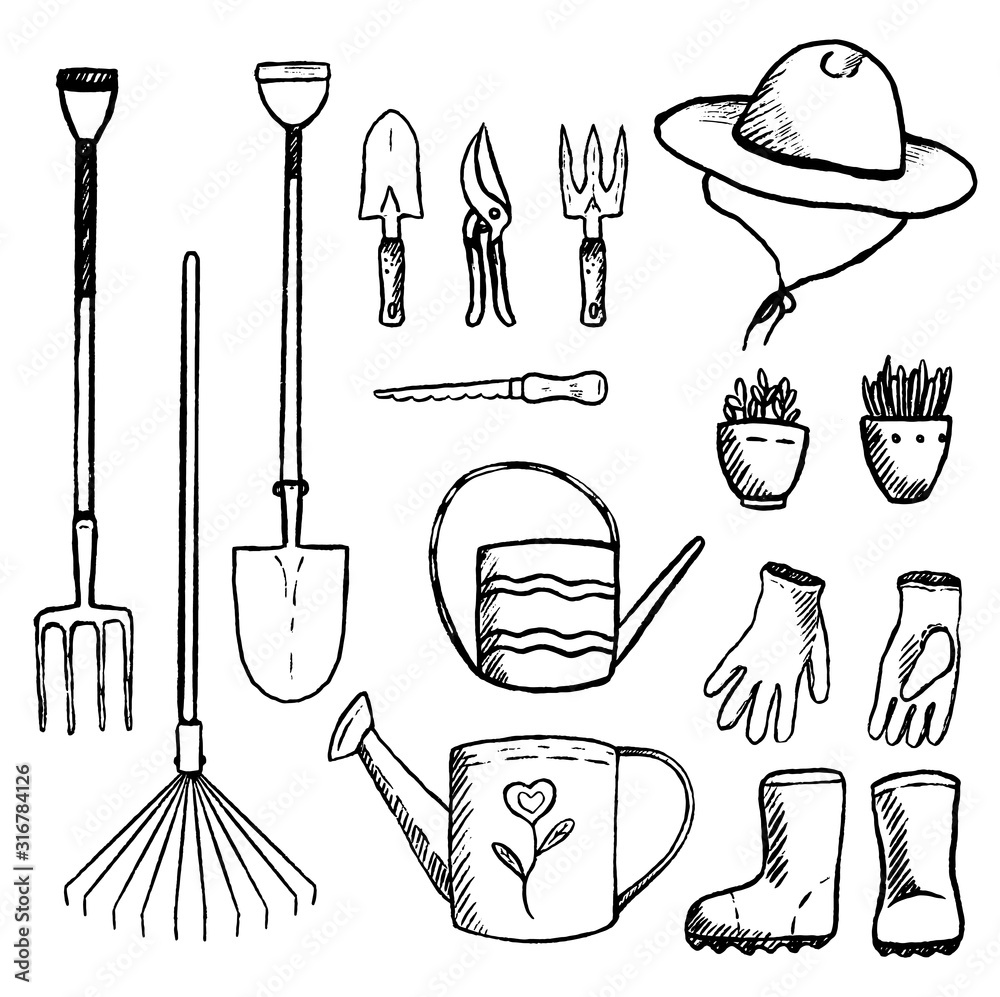Hand drawn vector illustration. Collection of garden tools and supplies ...