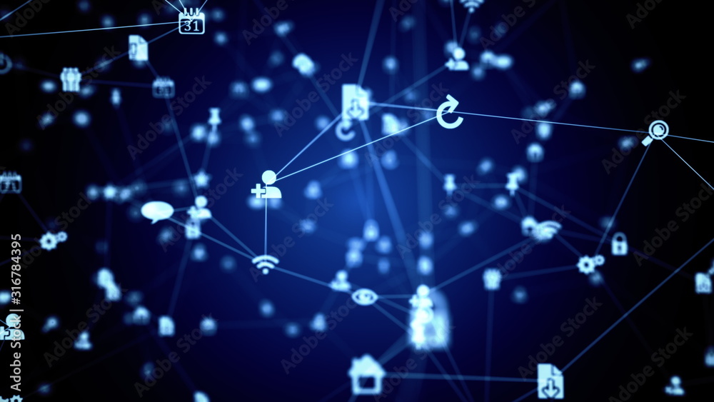 Abstract futuristic technology icons nodes background. Social network ...