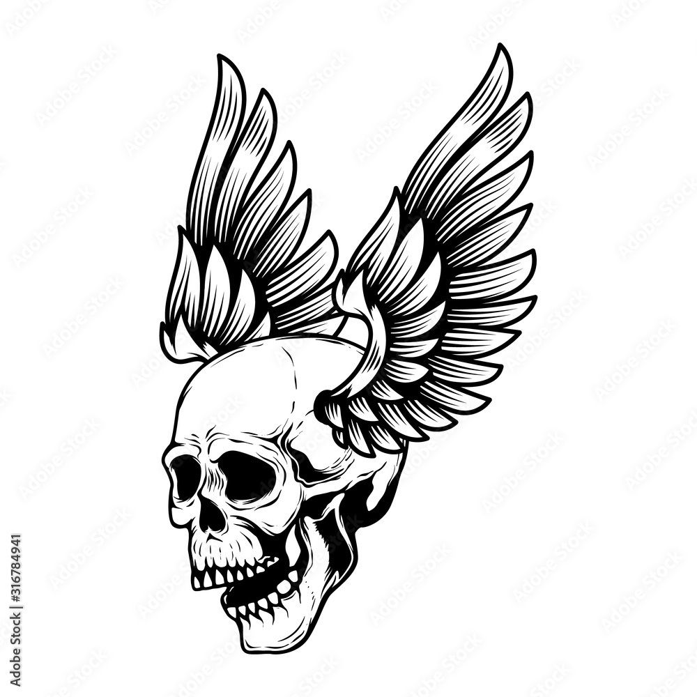 Winged human skull isolated on white. Design element for logo, label ...