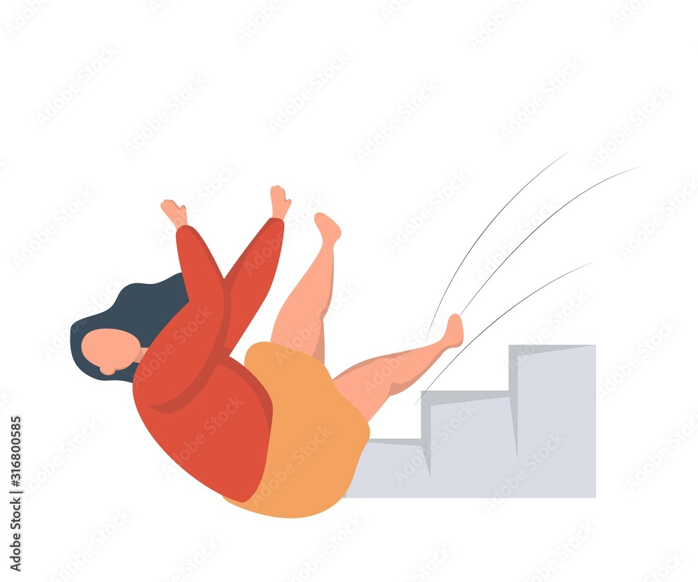 Woman falling down a flight of stairs. Injury and accident. Isolated ...