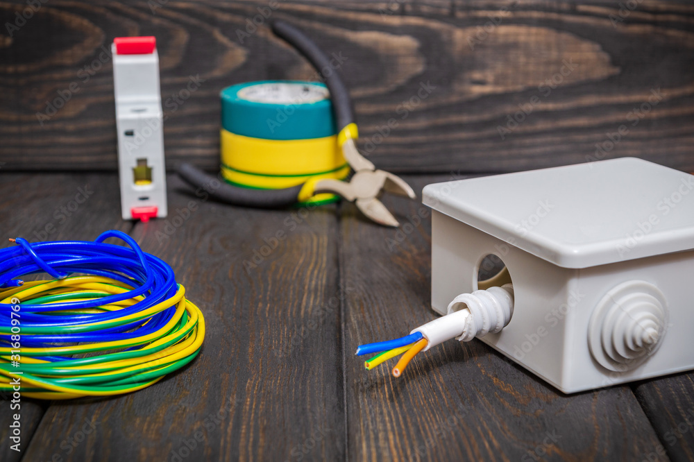 Electrical junction box with wires used in the electric installation ...