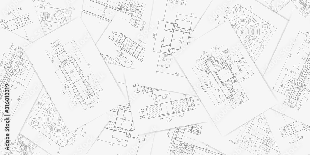 Engineering plan scheme . Technical drawing on white sheets of paper ...