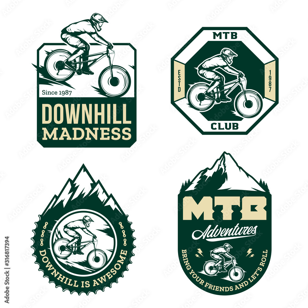 Vector downhill mountain biking badge, logo, label with rider on a bike ...