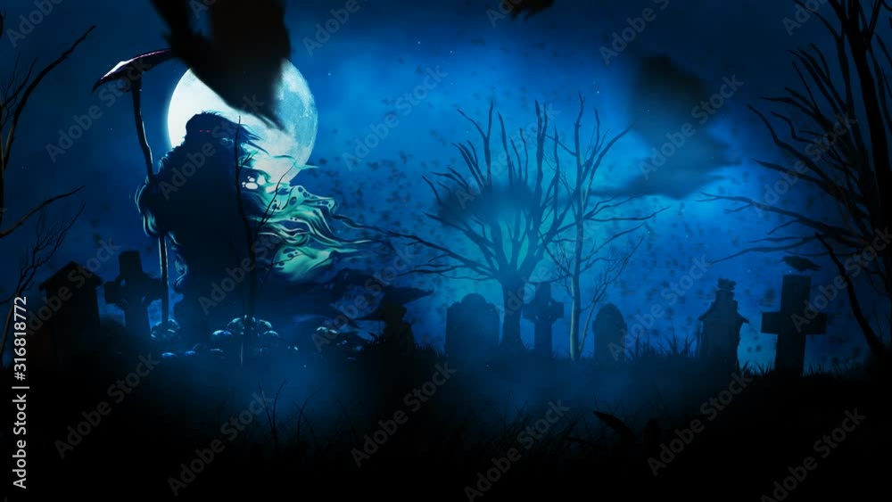 Grim Reaper with Full Moon Tombstones and Bats 4K Loop features a ...