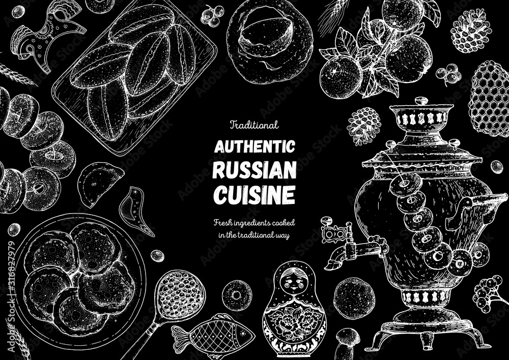 Russian cuisine top view frame. Food menu design elements. Traditional ...