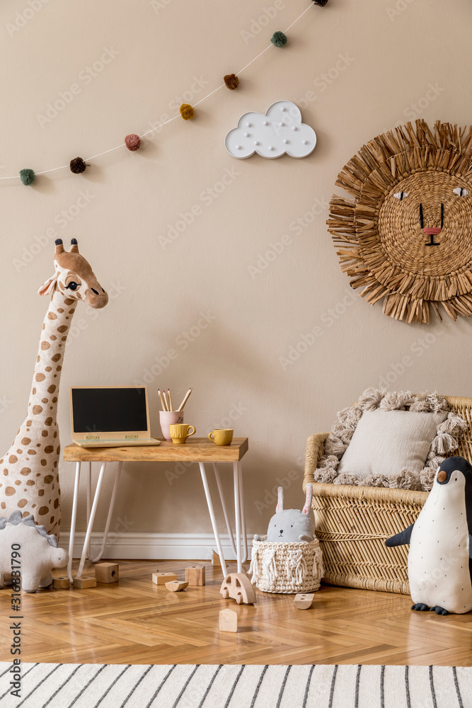 Stylish scandinavian interior of child room with natural toys, hanging ...