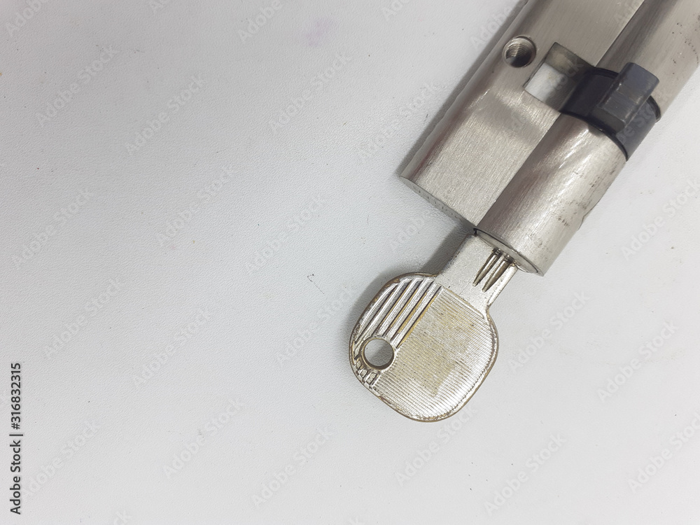 Silver Shiny Mechanical Modern Door Key Lock Set in White Isolated ...