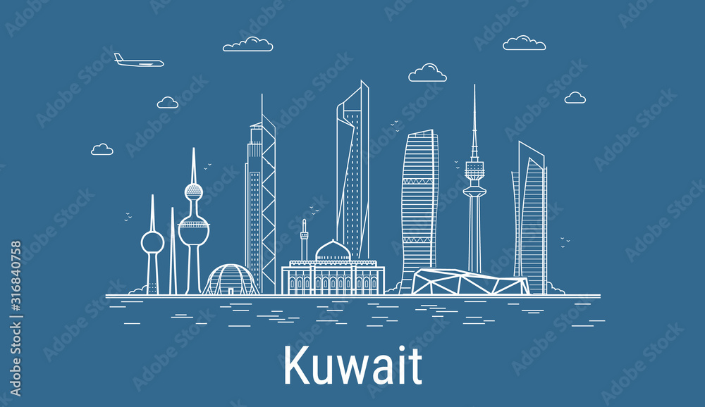 Póster Kuwait city, Line Art Vector illustration with all famous ...