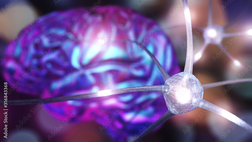 Neuron at work, neural network and brain, brain activity, 3D rendering ...