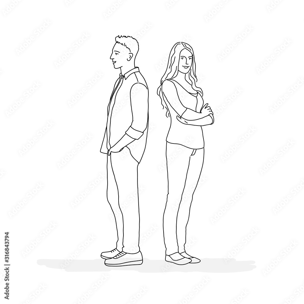 Man and woman stand with their backs to each other. Line drawing vector ...