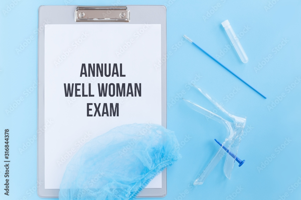 Flat lay: annual well woman exam, cervix cancel control. Gynecological ...