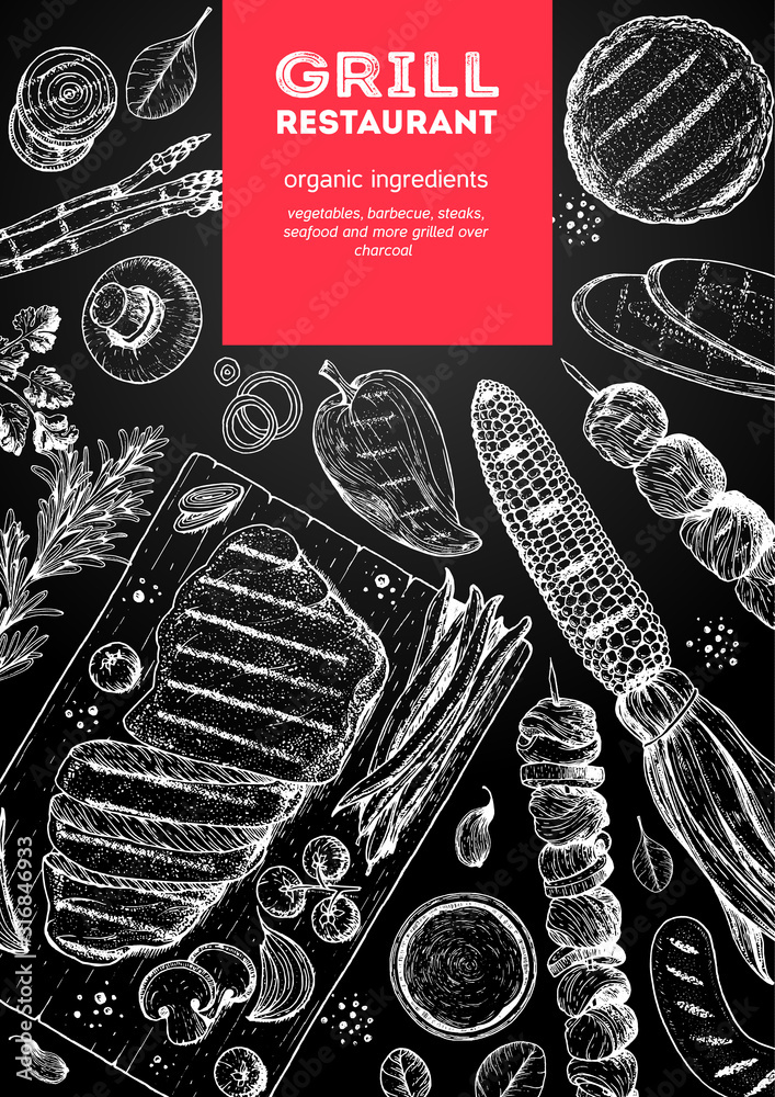 Grilled meat and vegetables top view frame. Vector illustration ...