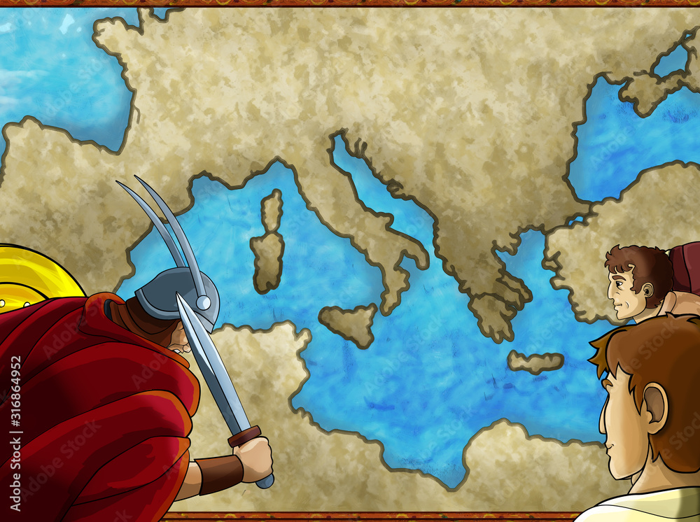 cartoon map scene with greek or roman character or trader merchant with ...