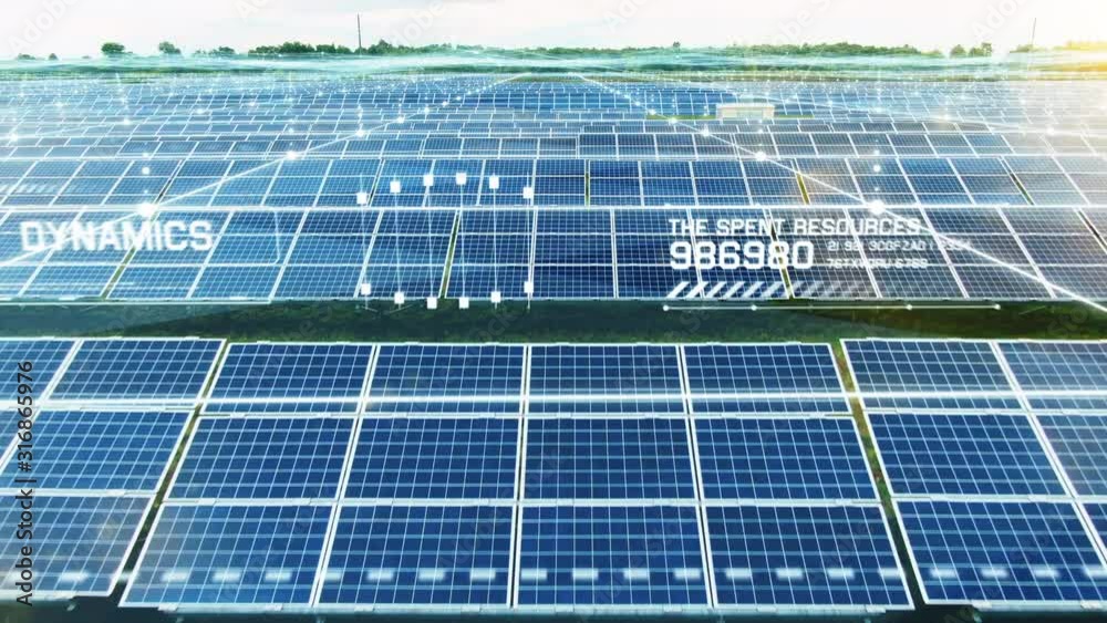 Aerial view of Solar Panels Farm with animation graphics of flowing ...