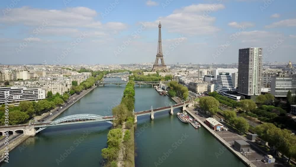 An aerial recording of the river Seine in Paris. The Eiffel Tower is ...