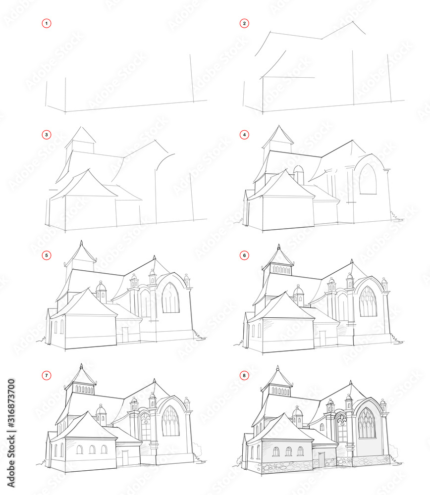 How to draw step by step sketch of imaginary medieval architectural ...