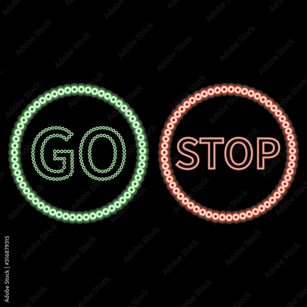 Exclamation mark, go and stop traffic neon signs set. Road signs or ...
