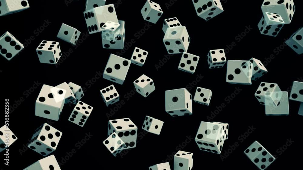 Rotating dice of white color flowing horizontally on black background ...
