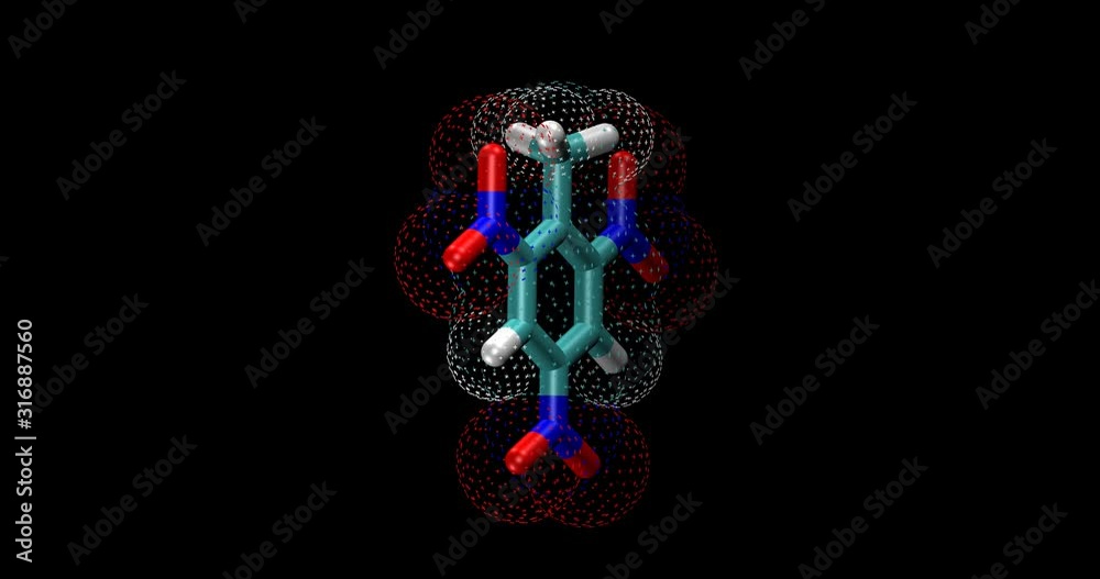 TNT, Trinitrotoluene or 2,4,6-trinitrotoluene 3D molecule, stick and ...