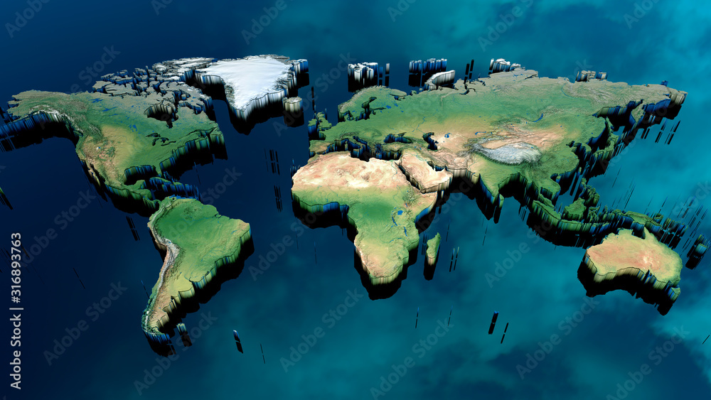 Sea level rise, world map completely submerged by the sea Stock ...