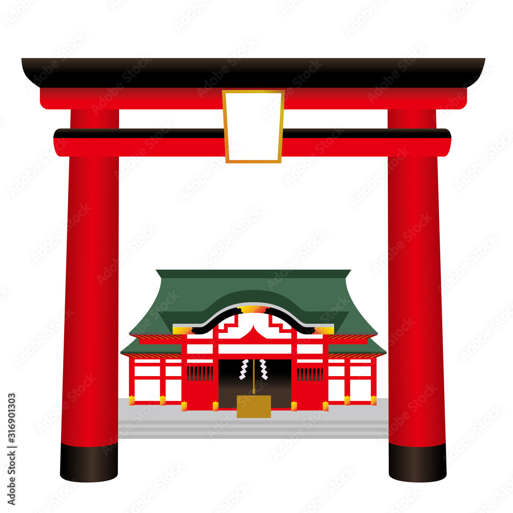 鳥居と本殿の神社のイラスト｜白背景｜ベクターデータ Stock ベクター | Adobe Stock
