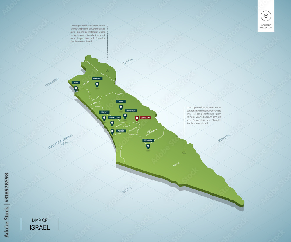 Stylized map of Israel. Isometric 3D green map with cities, borders ...