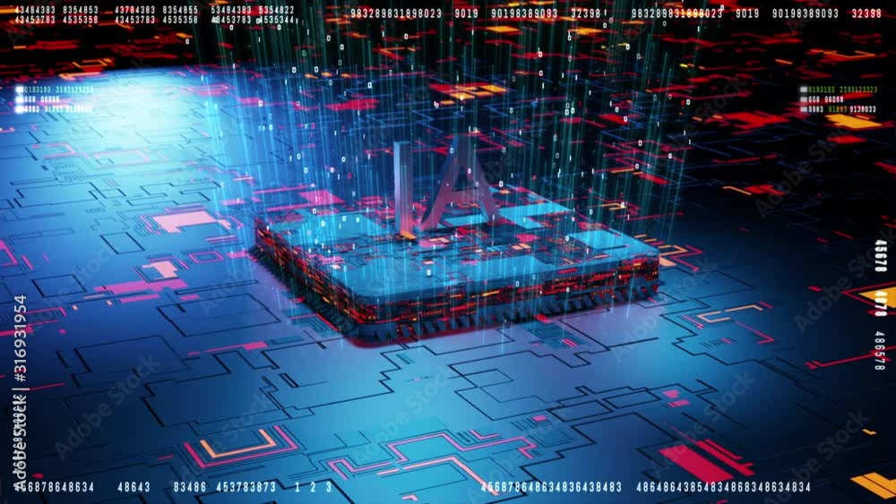 Digital 3d render of computer chip over circuit background with AI sign ...
