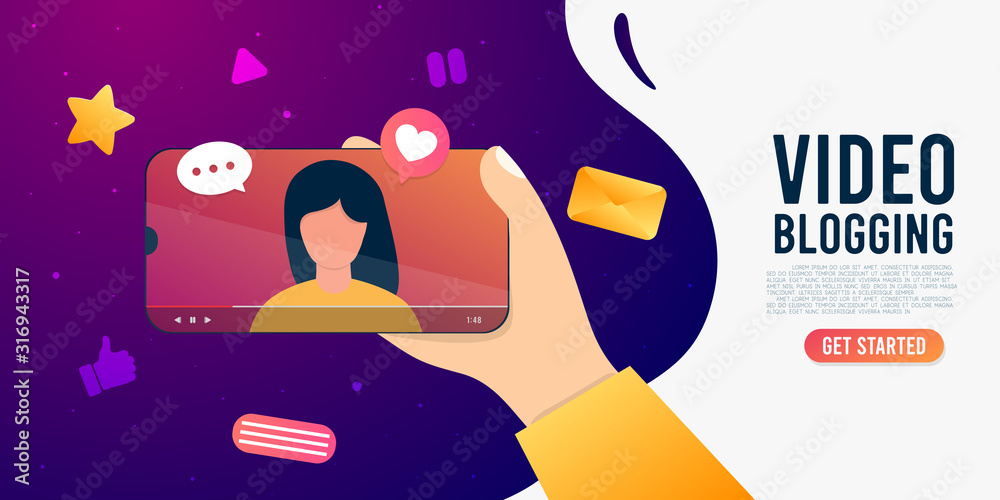 Cartoon internet blogger recording media content. Influencer filming ...