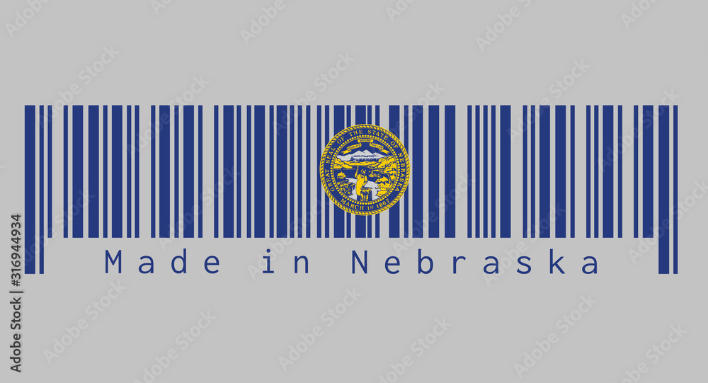 Barcode set the color of Nebraska flag. Seal of Nebraska in gold on an ...