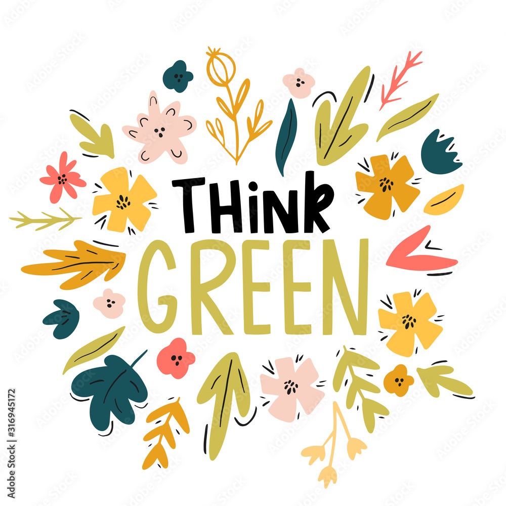 Zero waste concept.Think green typography banner. Doodle vector hand ...