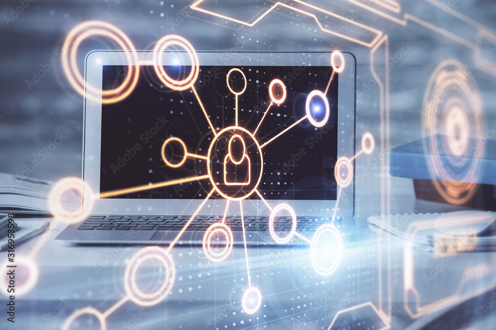 Computer on desktop with social network theme icon. Multi exposure ...