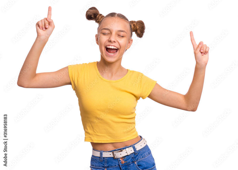 Portrait of funny teen girl enjoying music and dances, isolated on ...