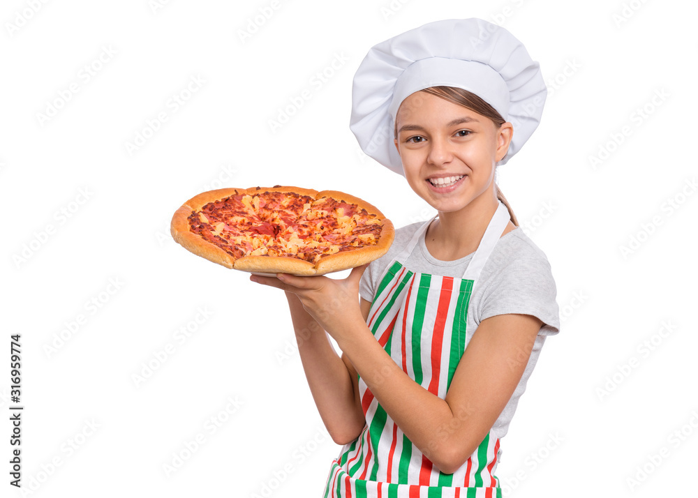 Happy beautiful teen girl in chef hat holding cooked pizza. Girl cook ...