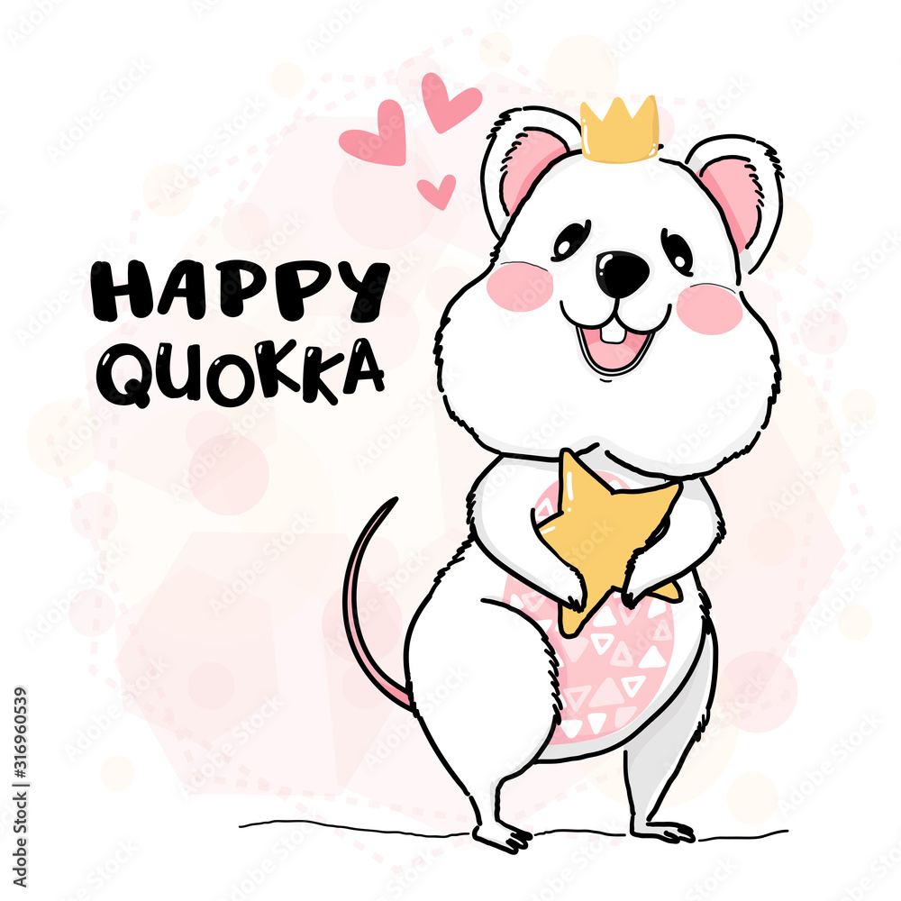 Cute Happy quokka wearing crown holding star, drawing outline animal ...