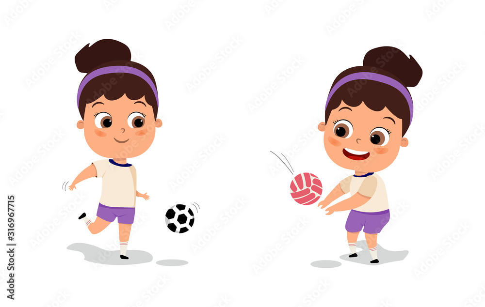 Kids playing various sports vector illustration. Happy cute kids girls ...