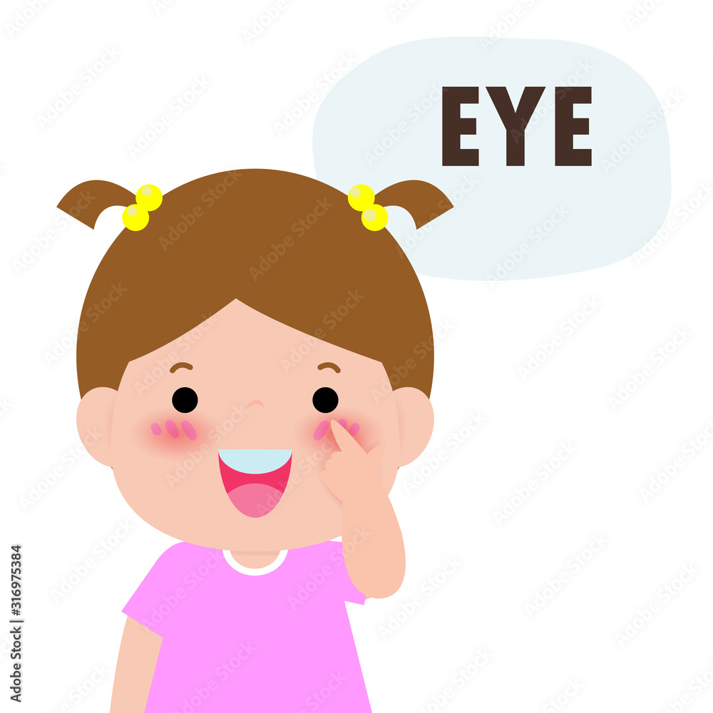 Children girl Pointing to and Saying "eye" as Part of Naming Body or ...